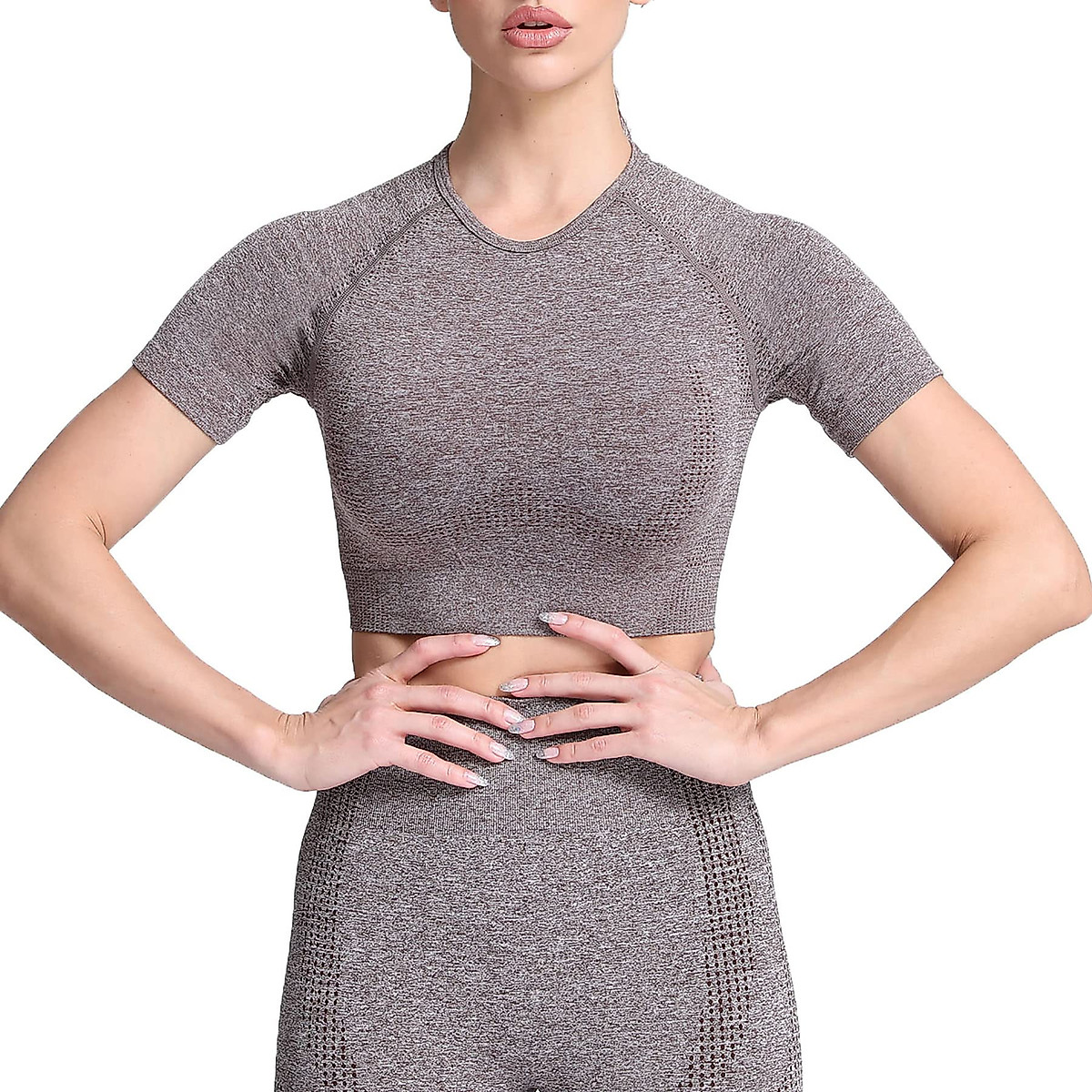 Aoxjox Women's Workout Vital Short Sleeve Seamless Crop Top Yoga Gym Sport Shirts T Shirt (Vital Coffee Marl, Small)