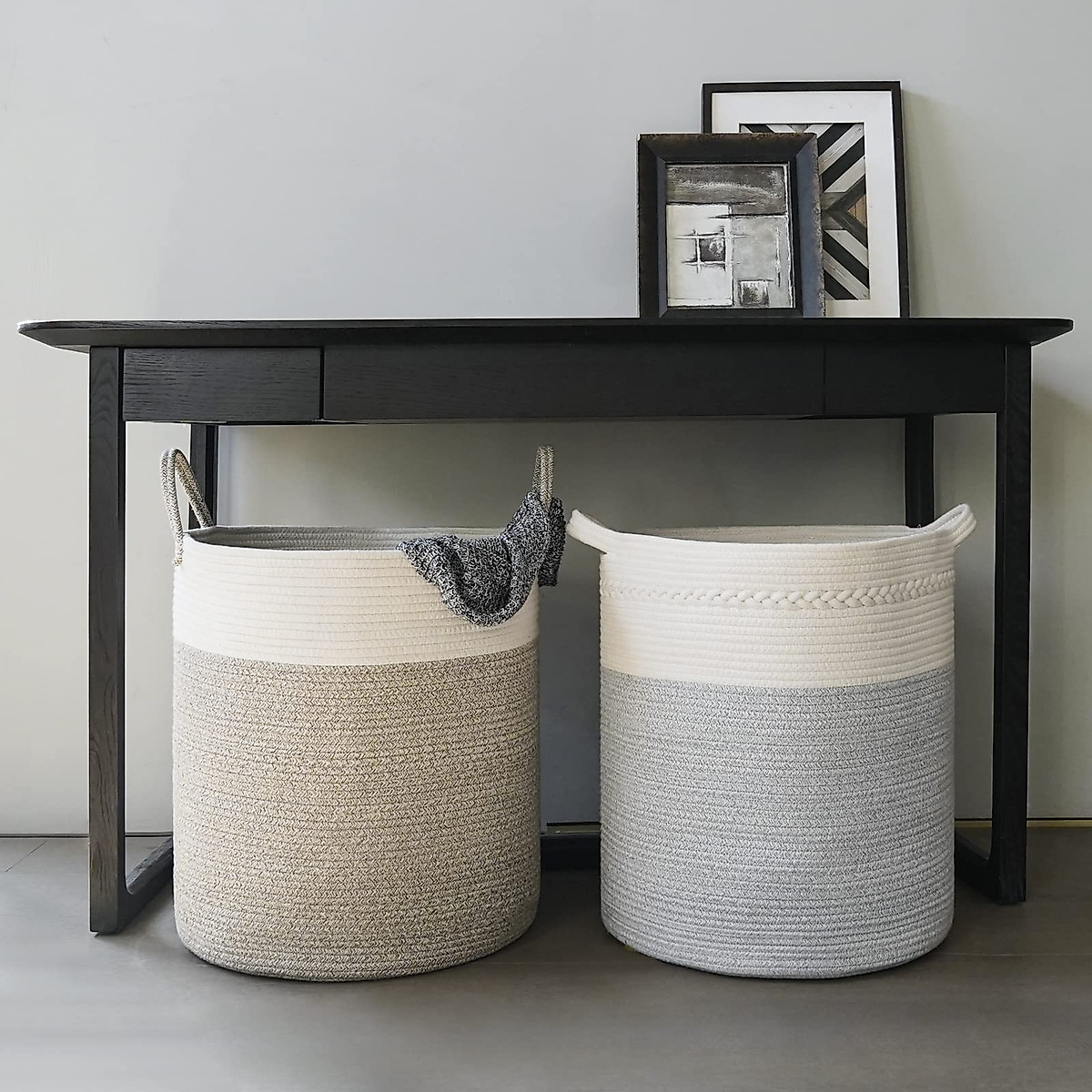 Large Cotton Rope Storage Basket - 18'' x 18'' x 20'' Woven Blanket Basket, 80L Baby Toys Basket, 100% Natural Cotton Laundry Hamper for Nursery Storage, Closet, Bedroom - White Brown