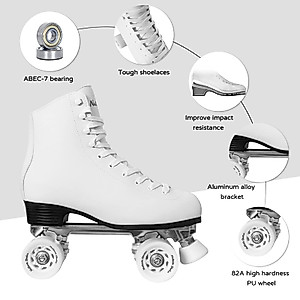Roller Skates for Women with PU Leather High-top Double Row Rollerskates, Unisex-Adult Indoor Outdoor White Derby Skate Size 7 with Adjustable Fast Braking for Beginner