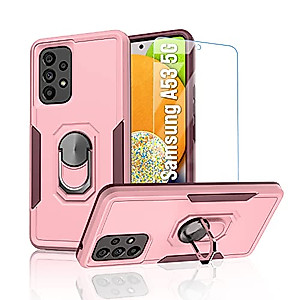 TUNKARMOR for Samsung Galaxy A53 5G | A53 5G UW Case: with Tempered Screen Protector Built in Rotable Ring Kickstand Military Grade Dual Layer Shockproof Protective Phone Cover - Rose Pink