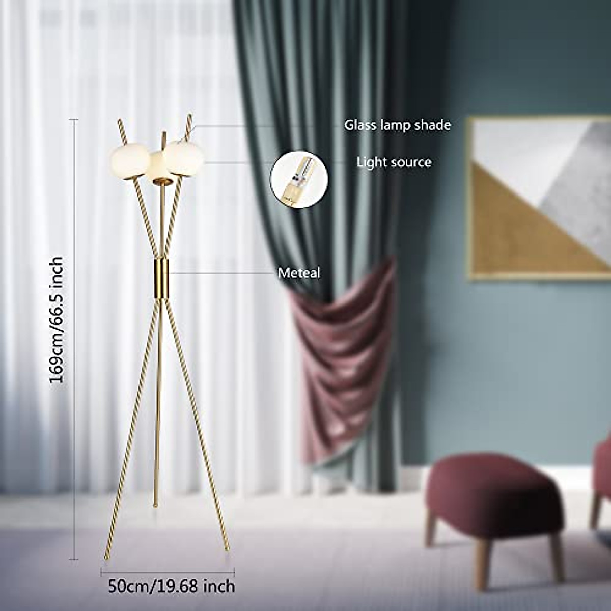 paugeory Hotel Floor Lamp-3 Lights Floor Lamps for Living Room, Modern Tripod Standing Lamp Gold Plating, 28w Flexible Warm Light and Off-White Glass Lampshade, Bedroom Office Hallway (with Bulb)
