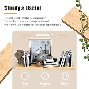 Habudda Floating Shelves, Wood Wall Shelf, Natural Wooden Home Decor for Bathroom Kitchen Bedroom, Hanging Mounted Invisible Bracket, Extra Long 35.5 Inch, Set of 2