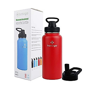 honogo 32 oz Powder Coated Double Wall Vacuum Insulated Sports Water Bottle, 18/8 Stainless Steel Wide Mouth Thermos Flask with Straw Lid & Spout Lid, Leak Proof, Sweat Free, BPA Free (Red, 32 oz)