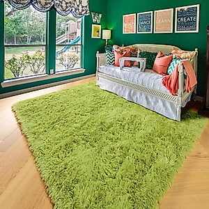 Grass Green Area Rug for Bedroom,4'X6',Fluffy Shag Rugs for Living Room,Furry Carpet for Kids Room,Shaggy Throw Rug for Nursery Room,Fuzzy Plush Rug,Green Carpet,Rectangle,Cute Room Decor for Baby