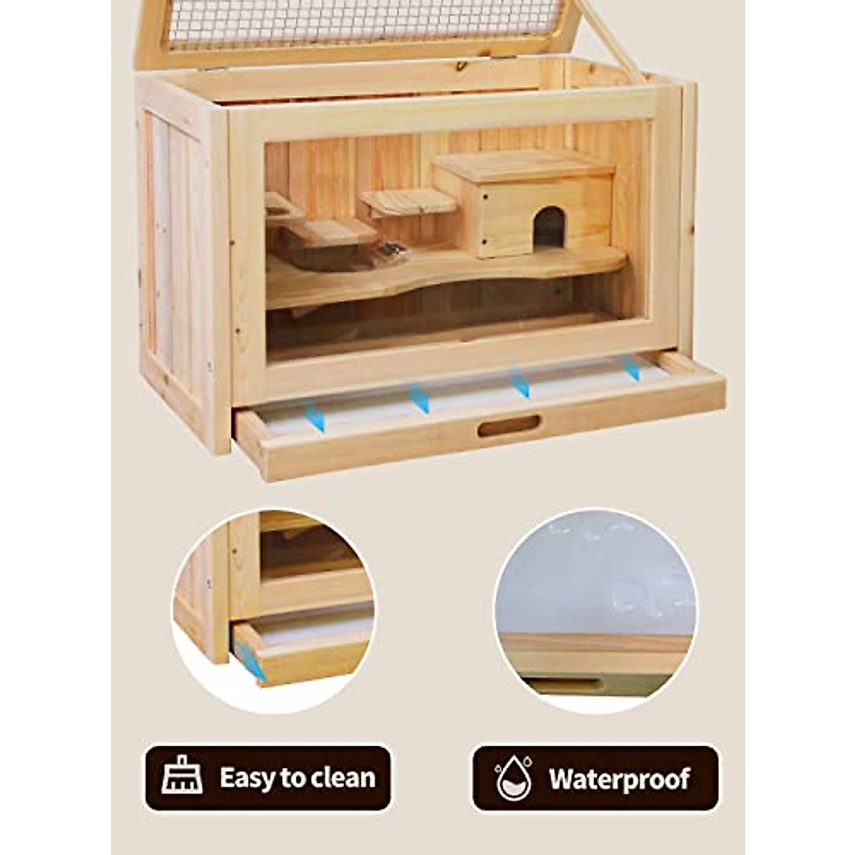 Rubor Hamster Cage Wooden Hamster Cages and Habitats for Dwarf Hamster, Guinea Pig, Chinchilla, 2-Tiers with Shelf and Ladder, Openable Top, Pull-Out Tray, Natural Wood