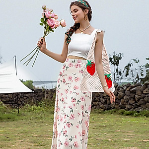 Stizimn Cute Strawberry Pattern Tote Bag Crochet Tote Bag Shoulder Bag Handbags Knitting Bag Aesthetic Handmade Weaving (White)