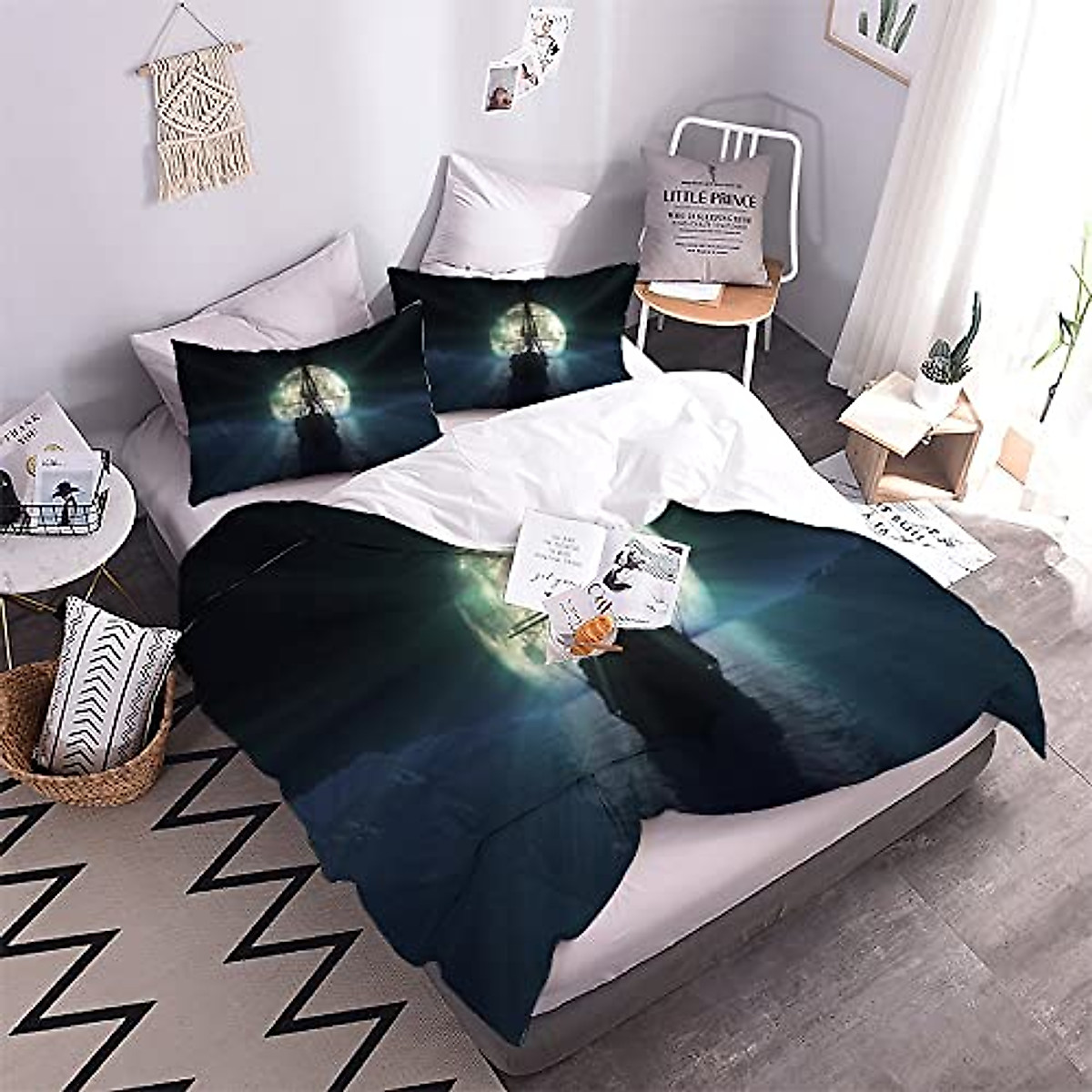 Quilt Cover Twin Size Battleship 3D Bedding Sets Moon Duvet Cover Breathable Hypoallergenic Stain Wrinkle Resistant Microfiber with Zipper Closure,beding Set with 2 Pillowcase
