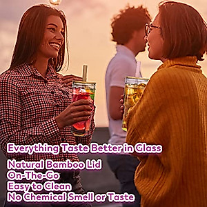 Zukro 24 oz Glass Tumbler Cup with Bamboo Lid and Straw 2 Pack, Mason Jar Drinking Glasses, Boba Tea Cup, Wide Mouth Glass Bottle for Smoothie, Iced Coffee, Juice, Water, BPA Free, Dishwasher Safe