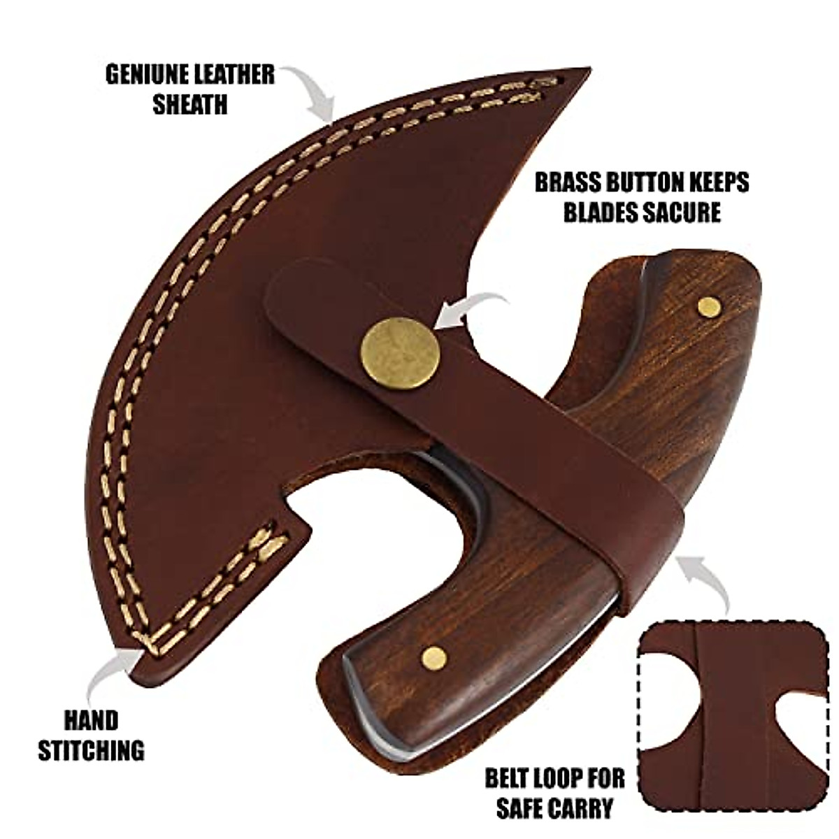 Hercules Knives Custom San Mai Damascus Steel Traditional Alaskan Ulu Knife Multi-Purpose Pizza Cutter, Vegetable Chopping, Boning Slicing Cutting Walnut Handle Leather Sheath (UL-05)