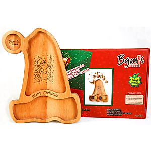 Christmas Hat Shaped Wooden Santa Cookie - Milk Plate Hand Made from Beechwood Tree, Brown, 11.8 x 9.44 x 0.787 inches