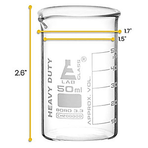 EISCO Heavy Duty Beaker, 50ml - 5mm Thick, Uniform Walls - Superior Durability & Chemical Resistance - White Graduations - Borosilicate 3.3 Glass