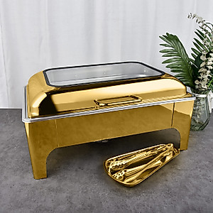 HONHPD Alcohol Chafing Dish, 9QT Rectangular Full Size Chafing Dish Buffet Set with Transparent Glass Lid Top, Soft-Close Lid, Chafer for Catering Buffet Servers and Warmers (Golden)