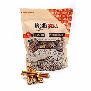 FOODIEPAWS All Natural Bully Sticks Bites Odor Free USA Packed for Medium, Large Dogs 100% Free Range Grass Fed Beef Single Ingredient Dental Dog Chews 1lb 1 Count (Pack of 1)