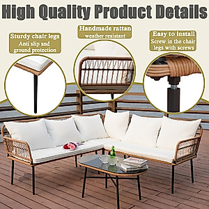 Homsido 4 Pieces Patio Sectional Furniture Chairs Set Boho Water-Resistant Outdoor Indoor Wicker Sectional Sofa Beige Woven PE Rattan Conversation Chat Set with Rect Side Table(White Cushions)