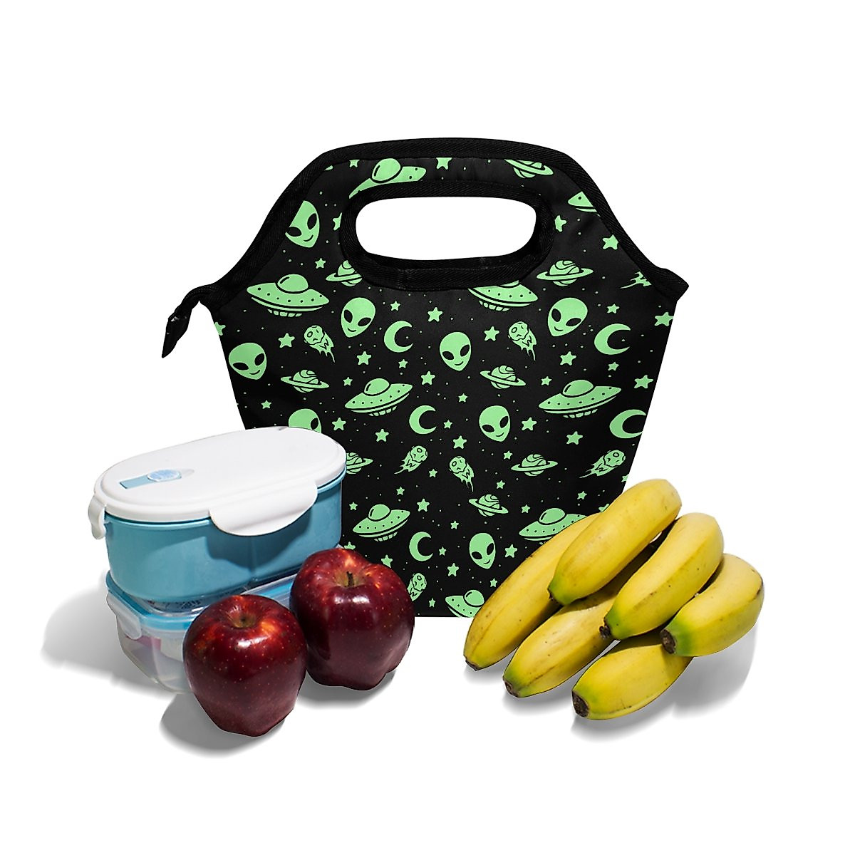 HEOEH Green Alien UFO Moon Lunch Bag Cooler Tote Bag Insulated Zipper Lunch Boxes Handbag for Outdoors School Office