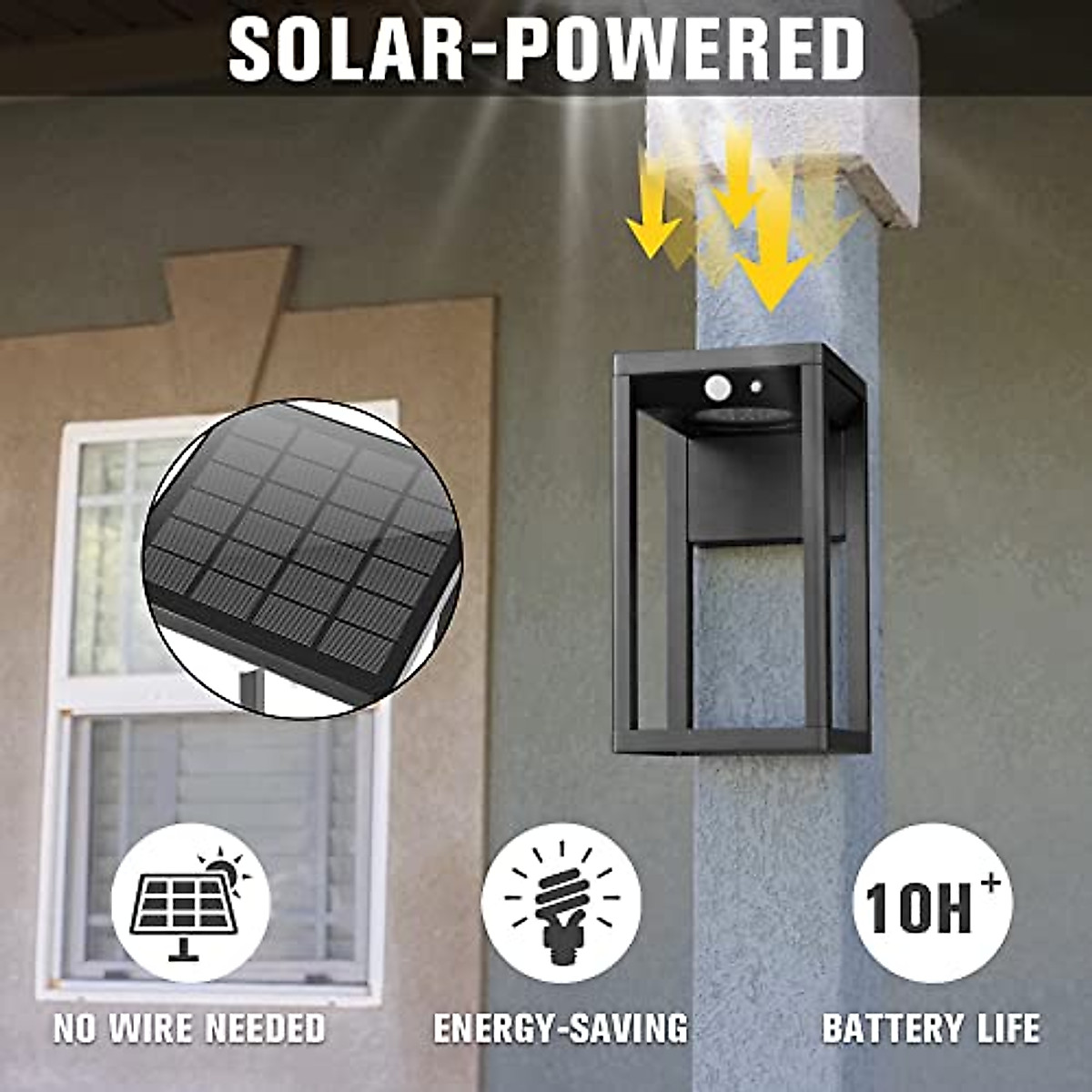BRIMMEL Solar Sconce Lights Outdoor Motion Sensor Solar Wall Lights Outdoor Big Size 10hours Battery Life Solar Waterproof Wall Lantern for Wall Porch Front Door Garag, Solar Powered, Aluminum, Black