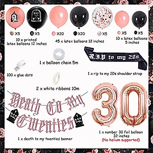 kreat4joy Rip Twenties 30th Birthday Party Decorations for Women, Black and Rose Gold Balloon Garland Death to My Twenties Banner Rip to My 20s Sash Number 30 Foil Balloons for 30th Birthday Party