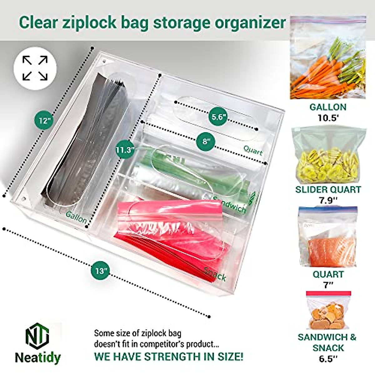 Neatidy Ziplock Bag Storage Organizer – Clear Acrylic Storage Bag Organizer – 4-in-1 Baggie Organizer for Gallon, Snack, Sandwich, Quart Bags – Solid Acrylic Bag Holder for Kitchen Drawer, Counter