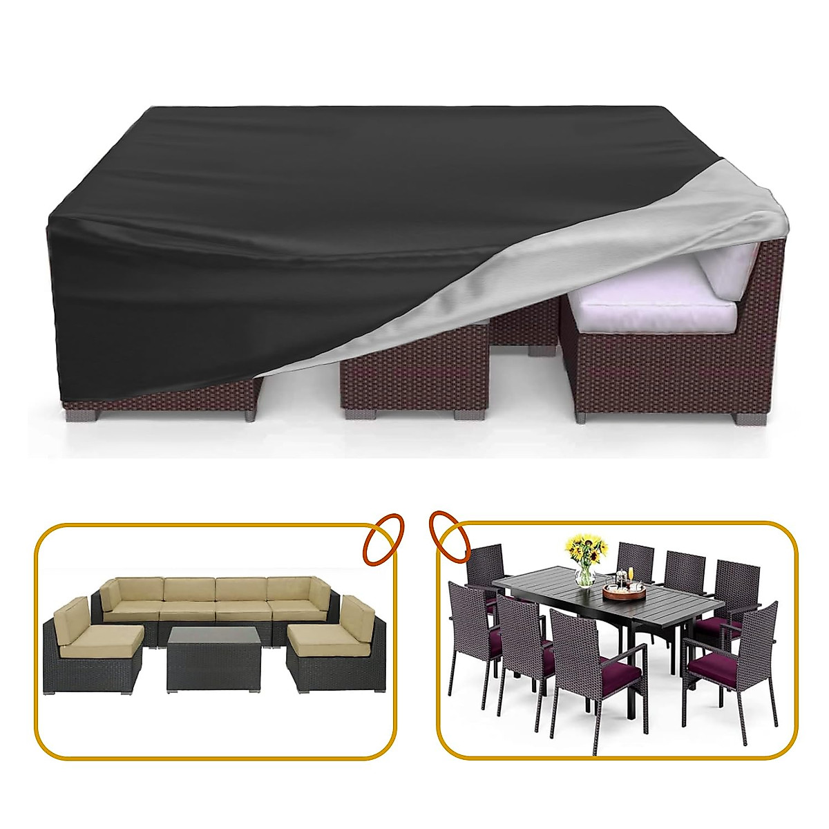 600D Heavy Duty Large Waterproof Tea Table Cover -96" Outdoor Sofa Set Covers- Rectangular Patio Table Cover , Dining Table Cover, Table and Chair Set Cover Black