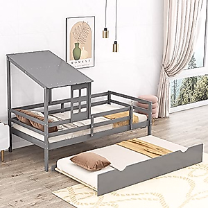 DHHU House Bed with Trundle, Window and Roof, Twin Size Low Loft Bed with Trundle, Wooden Bed Frame for Boy Girl Kids Toddler, Grey