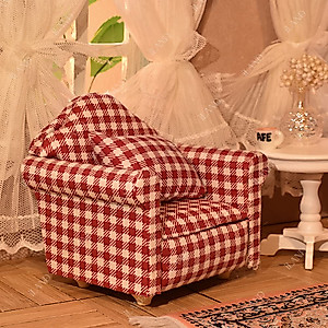iLAND Dollhouse Furniture on 1/12 Scale for Dollhouse Living Room incl Sofa w/Pillow & End Table & Rug (Red White Gingham Armchairs Set)