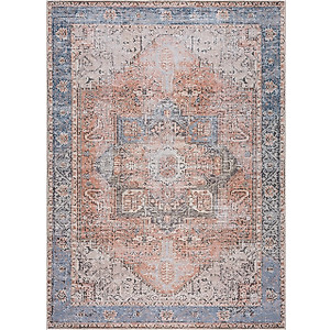 Hauteloom Rosman Machine Washable 7'10"x10'2" Living Room Bedroom Area Rug - Persian Oriental - Vintage Distressed Medallion - Pet & Child Friendly - Stain & Water Resistant - Terracotta, Brown