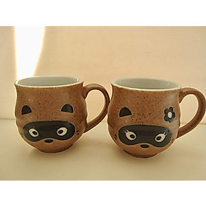 Japanese Porcelain H3.5 Inches 11.1 Fluid Ounces Sushi Tea Cup Mug Brown Tanuki Raccoon Dog Set of 2 Made in Japan