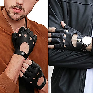 FLORVIV Black Fingerless Gloves PU Faux Leather Goth Cosplay Costume Punk Halloween Performance for Men