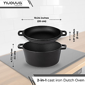Pre-Seasoned Cast Iron Dutch Oven Casserole Pot - Cast Iron Skillet Lid – 2 in 1 Cooking Cookware Pan Set – Dutch Oven Pot with Lid – Black, 5 Quarts, 26cm – by Nuovva
