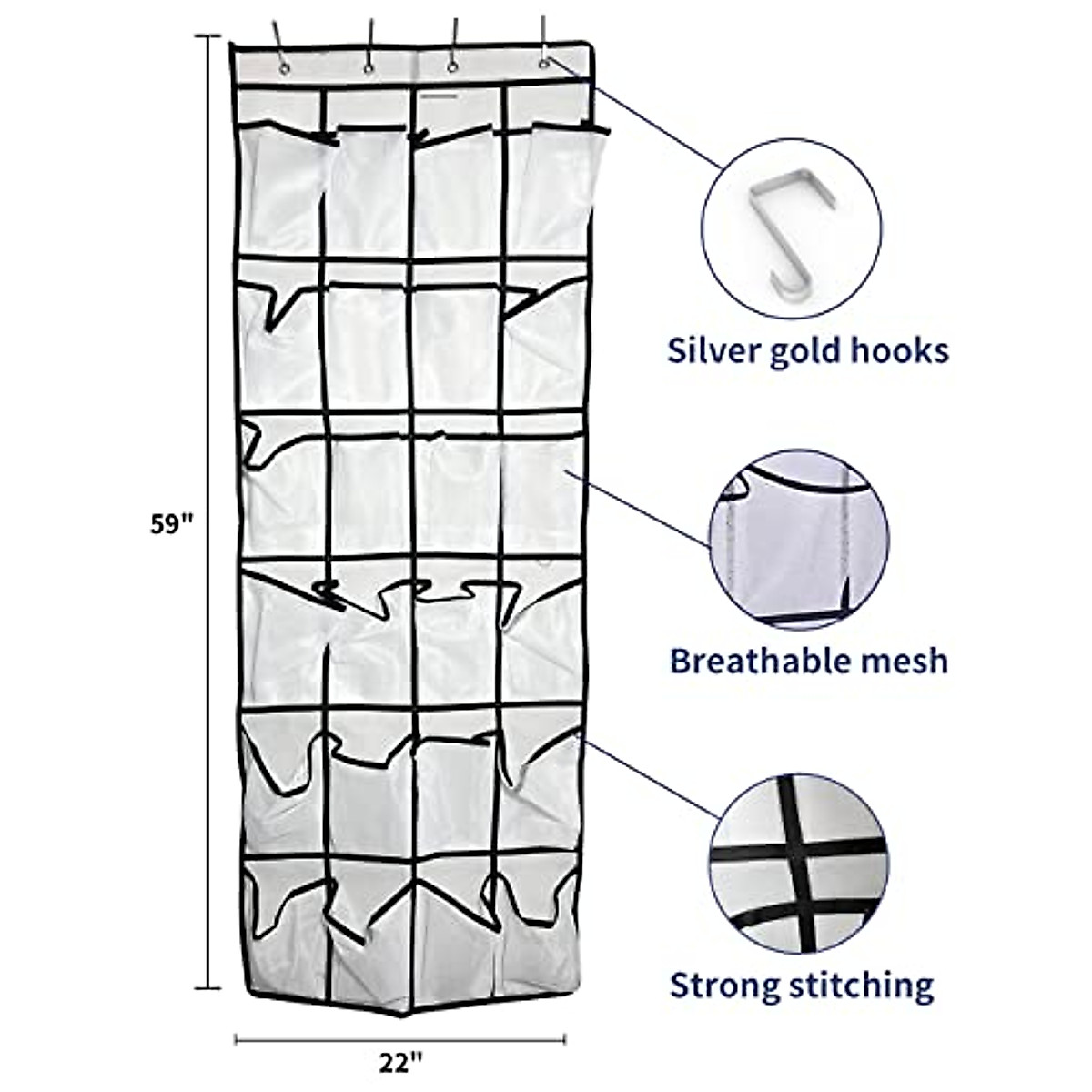 SIEHAM Over the door shoe organizer 24 mesh pockets hanging shoe storage shoe rack for closet entryway bedroom bathroom storage room shoe rack (White fine mesh) (White fine mesh)