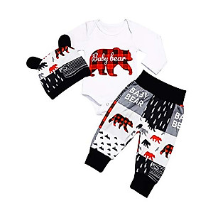 HKALL Newborn Infant Baby Boy Girls Clothes Fall Outfits Baby Bear Romper Long Pants Hat 3PCS Christmas Bodysuit Set