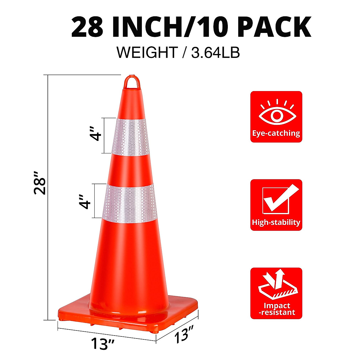 10 Pack Traffic Cones, 28 Inch Upgraded PVC Safety Cones with Reflective Collars Road Parking Cones Construction Cones for Parking Lot, Traffic Control, Driving Training
