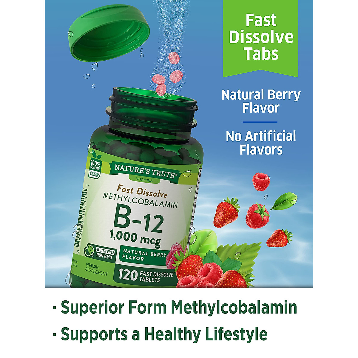 B12 Vitamin Sublingual Tablets | 1000 mcg | 120 Count | Vegetarian, Non-GMO & Gluten Free | Nature's Truth