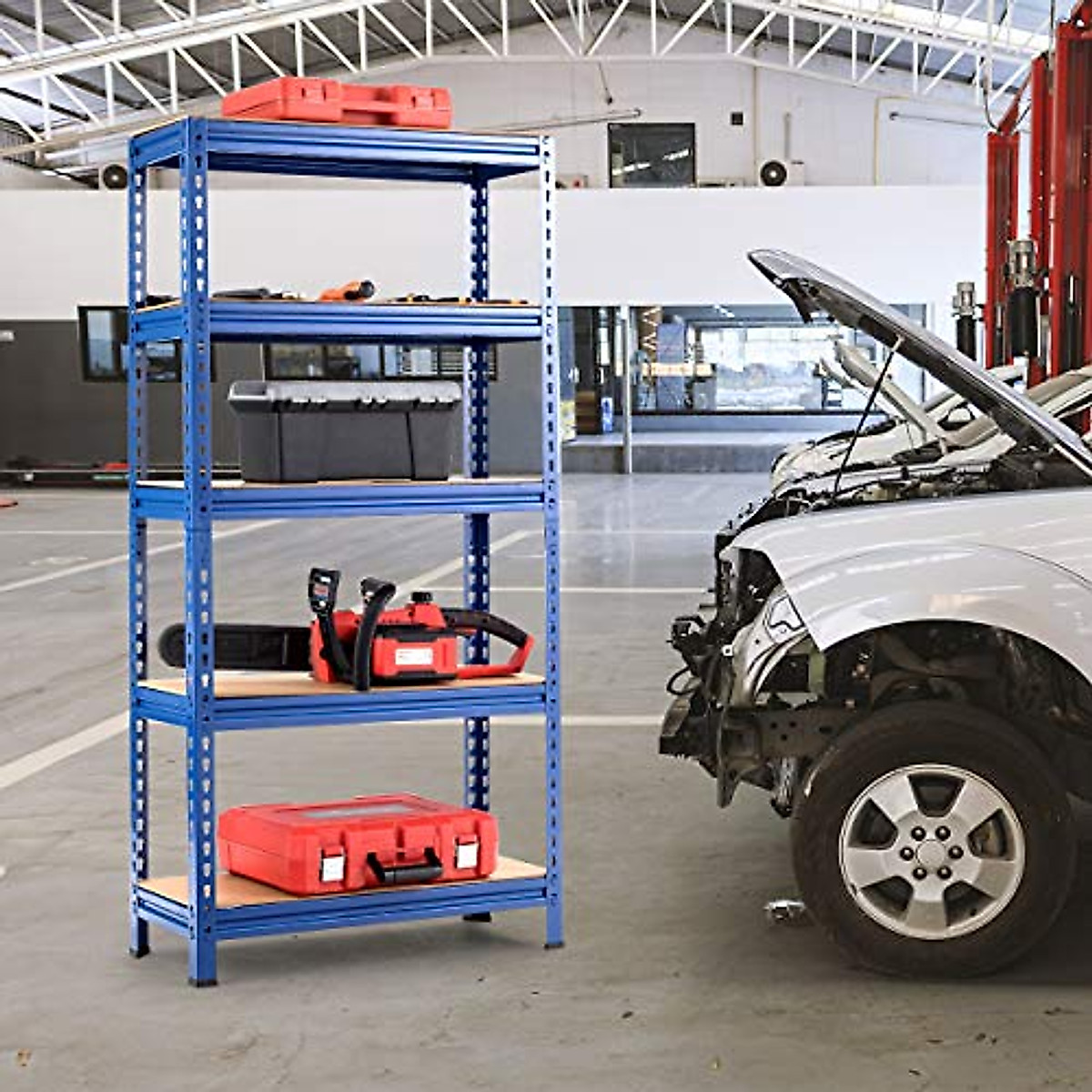 Tangkula 5-Tier Storage Shelves, Heavy Duty Steel Frame Muscle Rack 60in Garage Shelf with Adjustable Shelves, Boltless Shelving Unit for Free Combination, Metal Utility Shelves (1, Navy Blue)