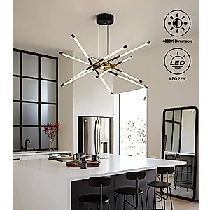 Q&S LED Modern Sputnik Chandelier,Black and Gold Mid-Century Dimmable Chandeliers with Remote for Dining Room Living Room 12 Lights