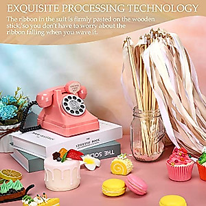 100 Pieces Lace Ribbon Wedding Wand Sticks Colorful Ribbon Streamers Party Ribbon Streamers with Bells Silk Fairy Stick Wands for Wedding, Party, Holiday, Activities(White, Brown, Champagne)