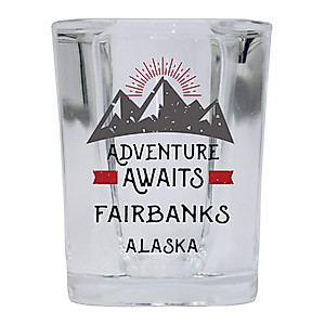R and R Imports Fairbanks Alaska Souvenir 2 Ounce Square Base Liquor Shot Glass Adventure Awaits Design