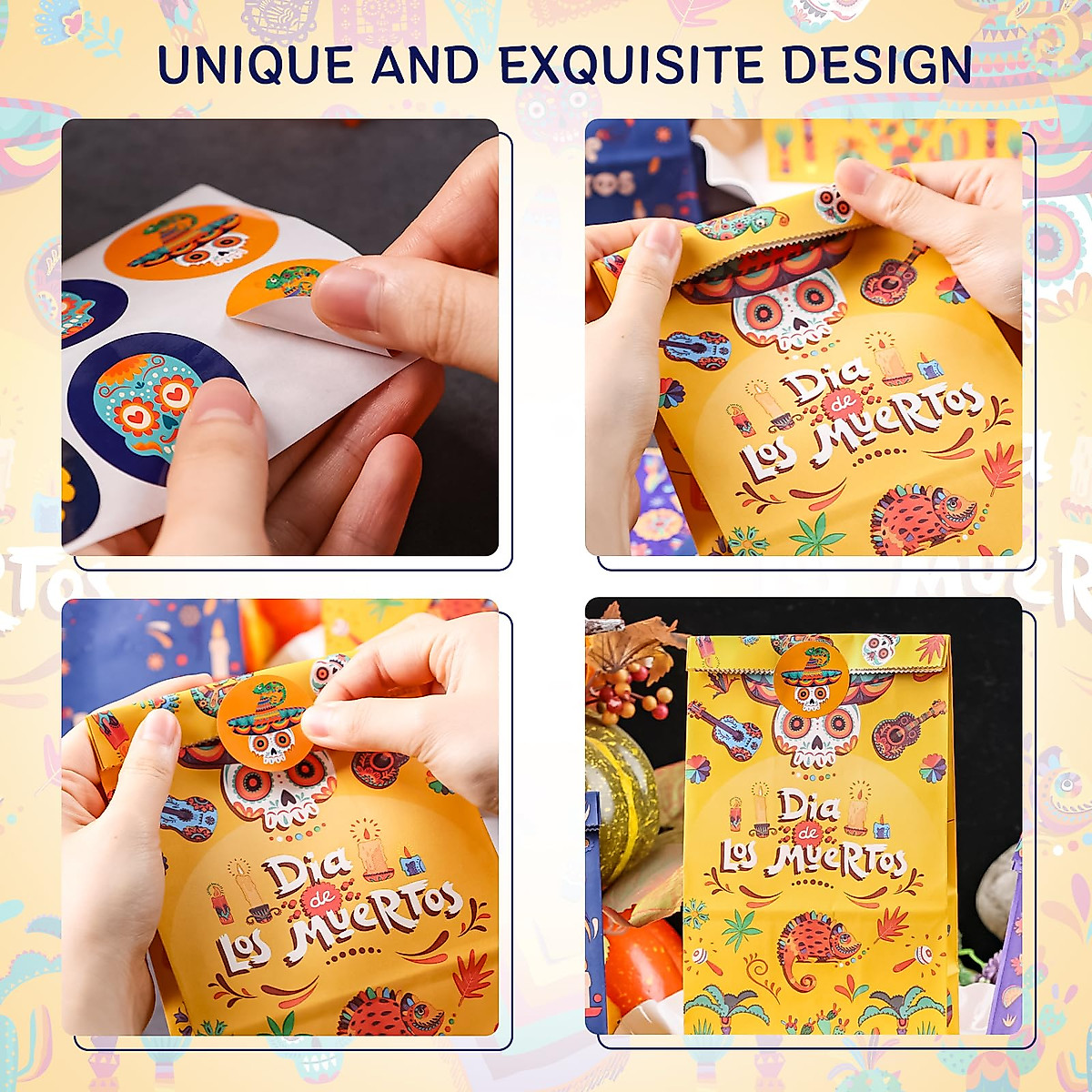 VGOODALL 54PCS Halloween Party Favor Bags, Day of the Dead Treat Bags Paper Candy Bags Goodie Bags with Stickers for Party Favor Supplies 3 Designs