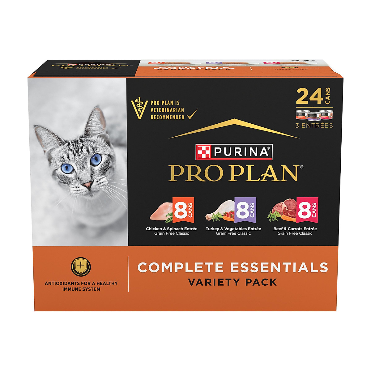 Purina Pro Plan Complete Essentials Chicken, Turkey and Beef Grain Free Wet Cat Food Variety Pack - (24) 3 oz. Cans