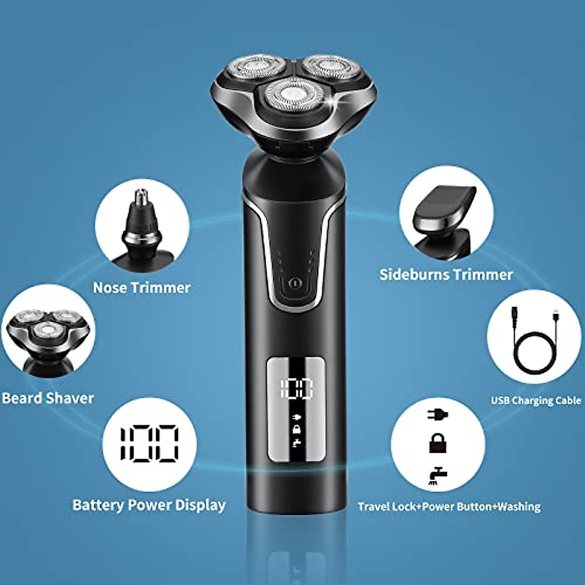 Electric Razor for Men Electric Shavers for Men Electric Razors for Shaving Face Cordless Rechargeable Rotary Shaver Dry Wet Waterproof Mens Face Shaver with LED Display Black
