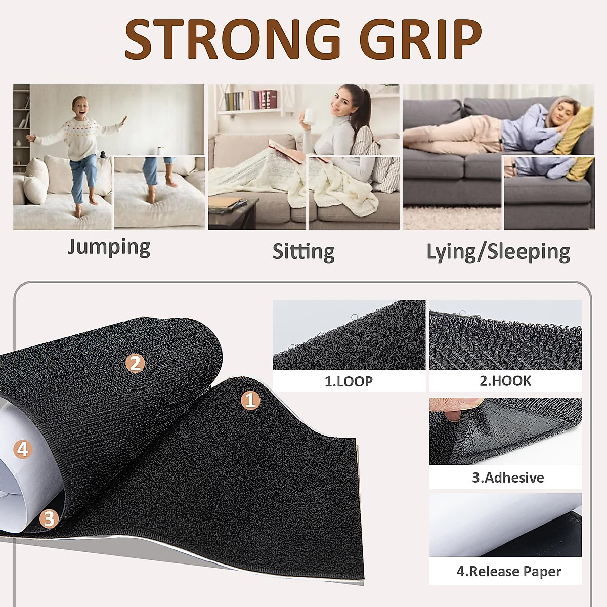 4 Inch x 10 Feet Black Heavy Duty Hook and Loop Tape Adhesive, Self Adhesive Heavy Duty Strips, Keep Sofa Cushions from Sliding, Prevent Sofa Cushions, Patio Cushions, Carpets, Mattresses Sliding