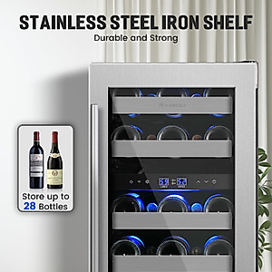 COLZER Elegant Mini Wine Fridge, 18 Bottle, 12 inch, Built-in or Freestanding, Stainless Steel, Double-Layer Tempered Glass Door