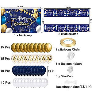 Gold Blue White Happy Birthday Extra Large Fabric Sign Poster Banner Backdrop Waterproof tablecloths Metallic Shiny Latex Balloons for Birthday Party Background Decoration