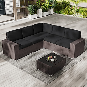 LayinSun Outdoor Patio Furniture Set 6 Pieces Sectional Conversation Sofa Set Brown Rattan Sofa Set with Coffee Table