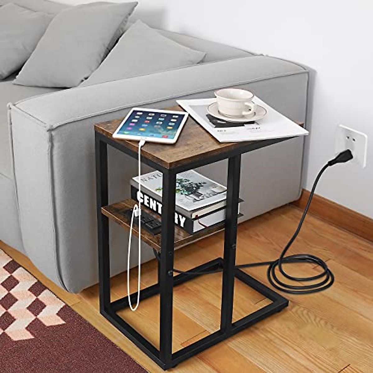 Yoobure C Shaped End Table with Charging Station, Small Side Tables for Living Room, Bedroom, Sofa Table with USB Ports and Outlets for Small Spaces, C Couch Table Rustic Snack Table Bed Side Table