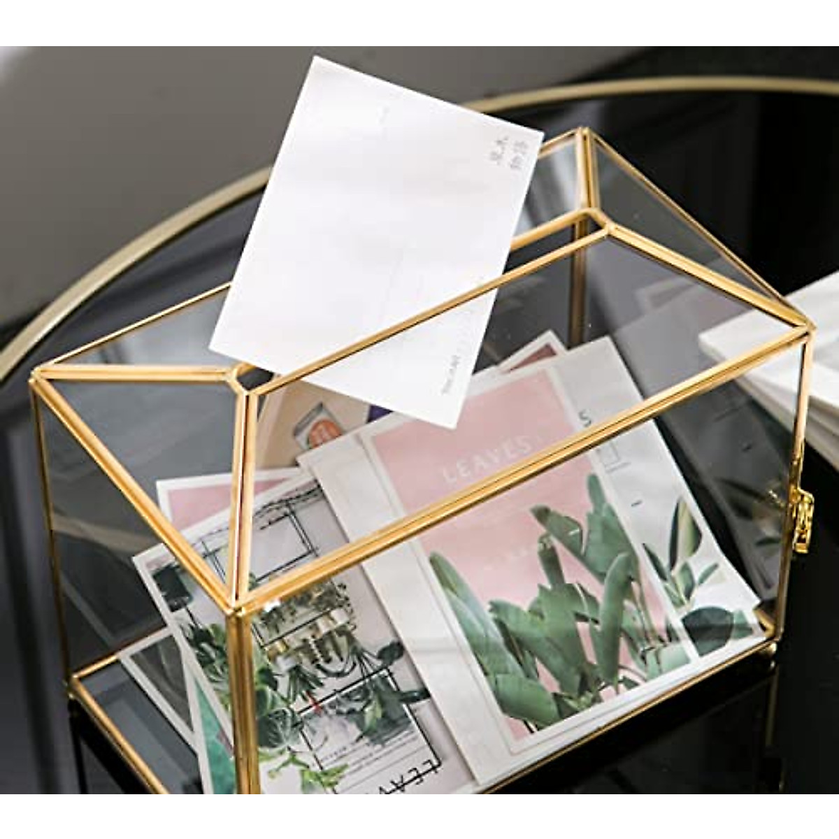 Gold Wedding Glass Card Box – 10.6 inch Large Wedding Card Holder Handmade Gold Glass Terrarium with Slot and Heart Lock, 10.6x5.9x8.3 Inches