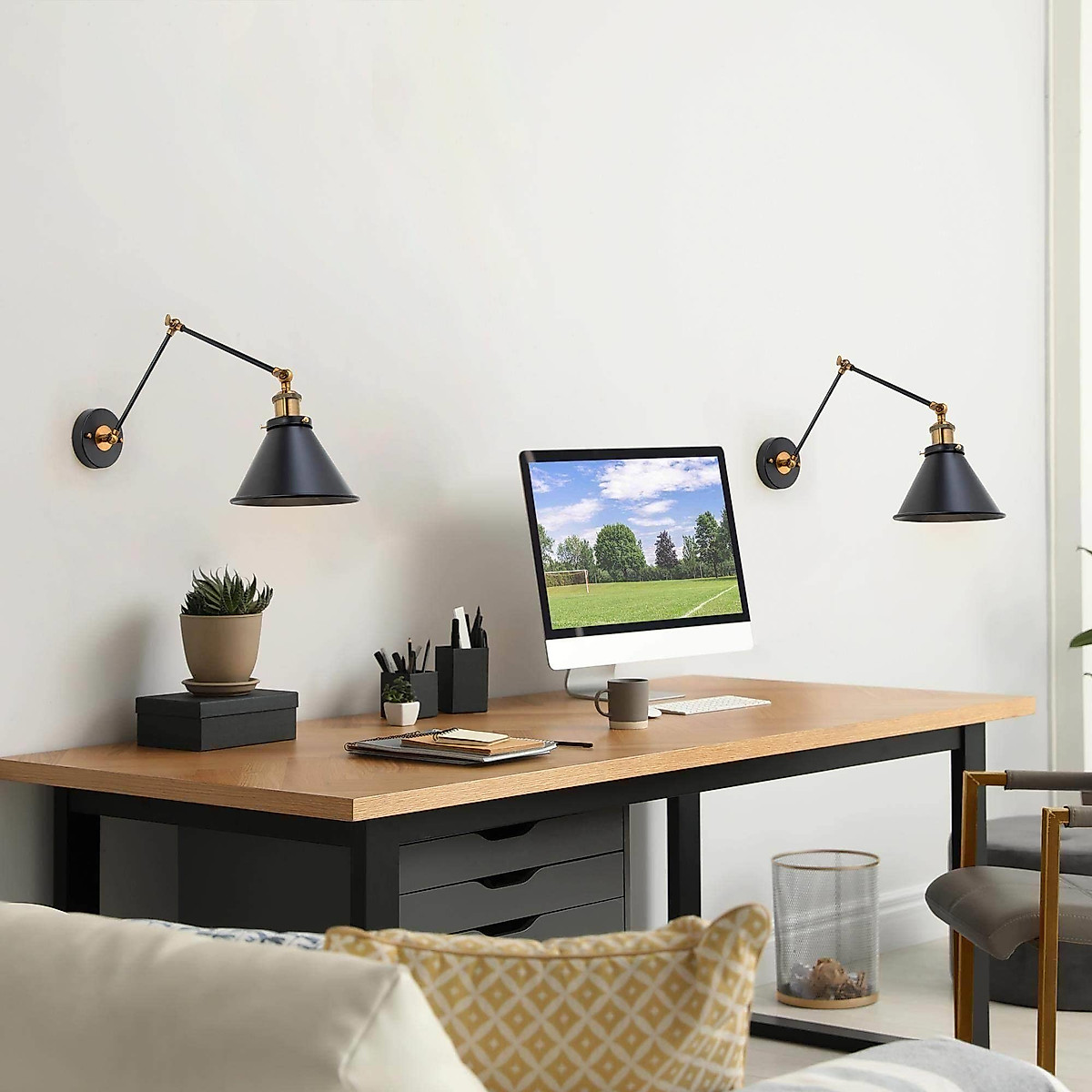 Black Wall Sconces Lighting, Modern Industrial Plug in or Hardwired Adjustable Swing Arm Wall Lamp with Antique Brass Finish for Bedroom, Living Room and Kitchen