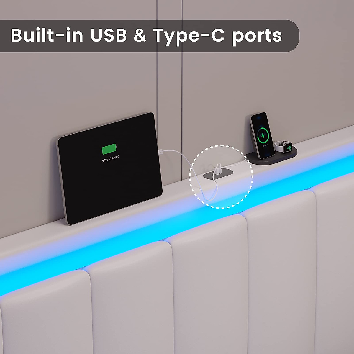 Hasuit Queen Bed Frame with Headboard and LED Light, Vegan Leather Platform Bed Queen Size with Charging Station, Upholstered Headboard Height Adjustable, Noise Free, Easy Assembly, White