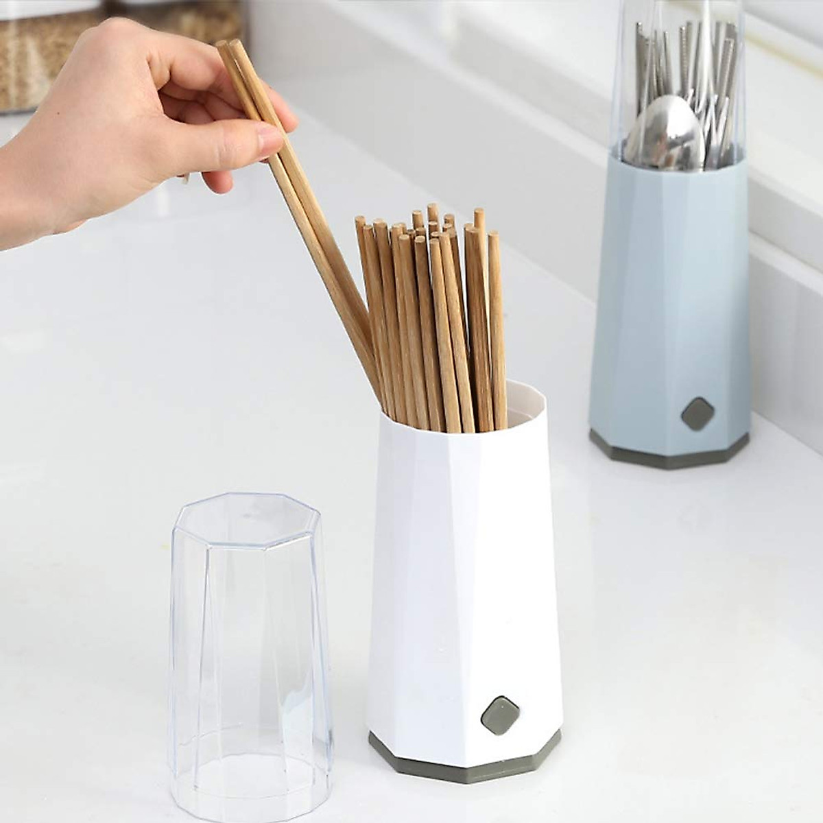 UPKOCH Chopsticks Holder Drain Rack Basket Detachable Kitchen Utensils Fork Spoon Storage Holder Toothbrush Toothpaste Stand With Cover (White)