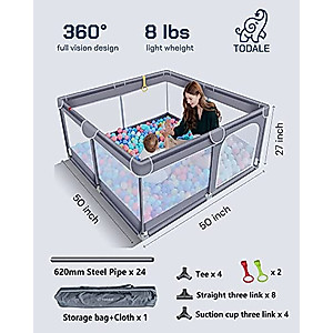 TODALE Baby Playpen for Toddler, Large Baby Playard, Indoor & Outdoor Kids Activity Center with Anti-Slip Base, Sturdy Safety Play Yard with Soft Breathable Mesh, Playpen for Babies(Gray,50”×50”)